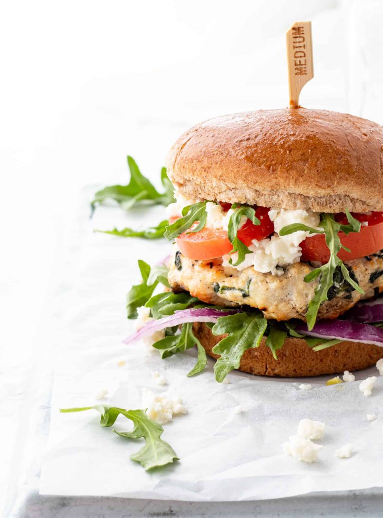 Healthy Ground Chicken Feta Burgers with Spinach