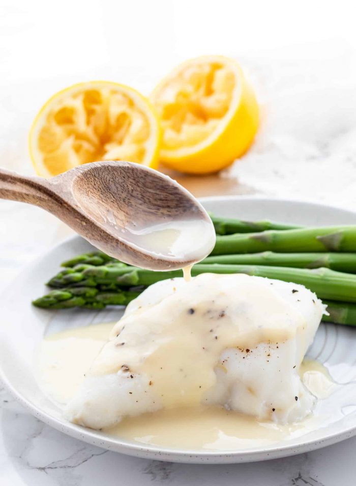 Easy White Fish with Healthy Lemon Garlic Sauce {No Butter}