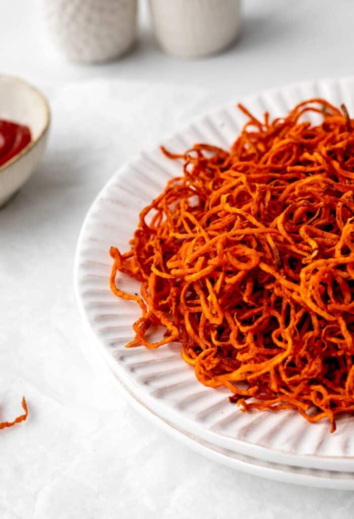 Baked Curly Sweet Potato Fries {with Cornstarch} - Haute & Healthy Living