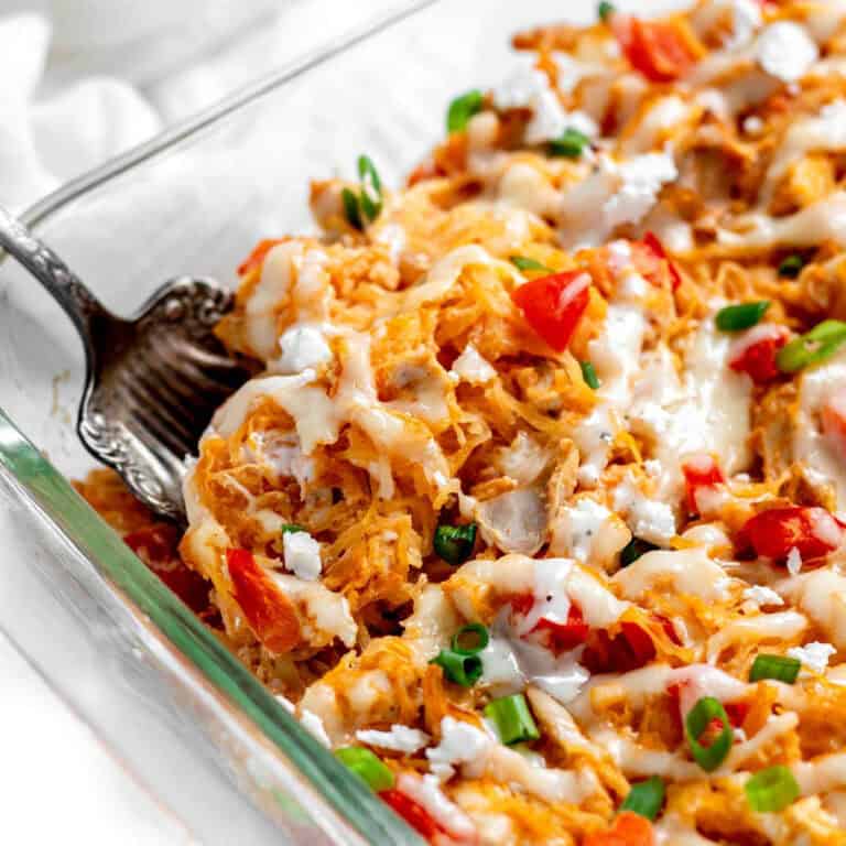 Healthy Buffalo Chicken Spaghetti Squash Casserole - Haute & Healthy Living